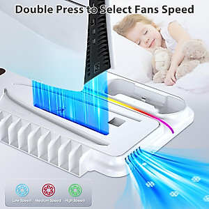PS5 Cooling Station for PS5/Slim/Pro Disc Digital Console,PS5 Fan Cooling Fan with Dual PS 5 Controller Charger,3 Level Fan, RGB Light,12 Slot, PS5/Slim/Pro Stand for PlayStation 5 Console Accessories