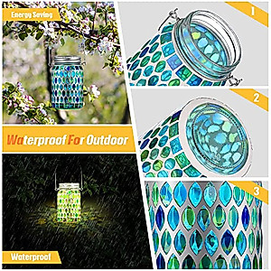 3 Pieces Solar Powered Mosaic Lights, Outdoor Hanging Solar Lantern Lamp Waterproof Table Lamp Mosaic Night Light for Tree, Garden, Patio, Party, Yard, Outdoor, Indoor Decorations (Blue)