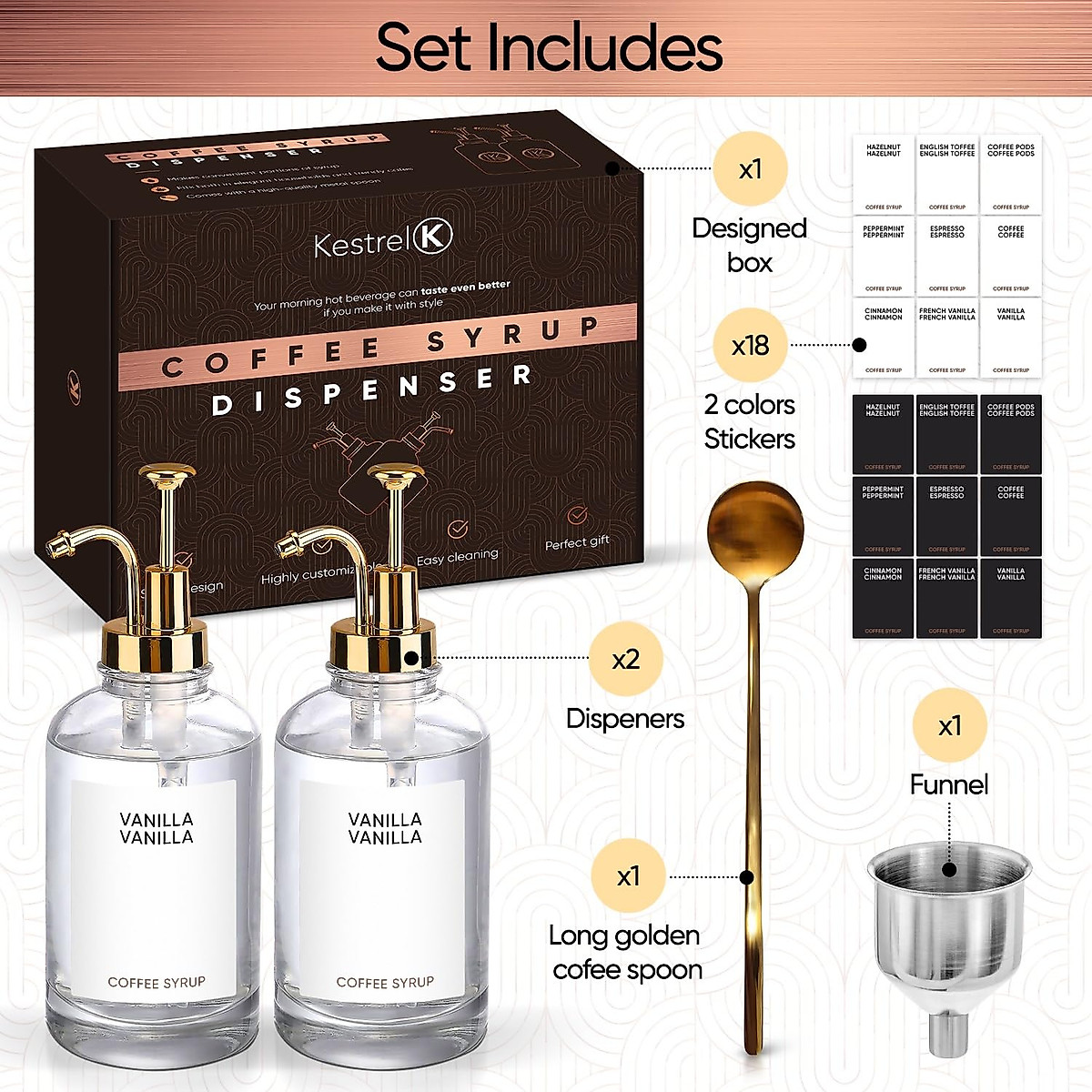 Set of 2 Coffee Syrup Dispensers for Coffee Bar - 16.9oz Glass Bottles with Gold Pumps and Labels, BPA Free & Durable, Ideal for Cinnamon, Vanilla, Caramel, and More Coffee Accessories