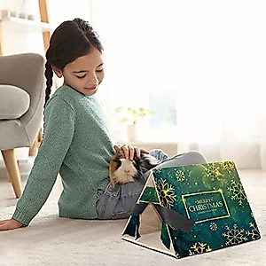 Y-DSIWX Guinea Pig Hideout House Bed, Golden Christmas Snowflakes Green Background Rabbit Cave, Squirrel Chinchilla Hamster Hedgehog Nest Cage