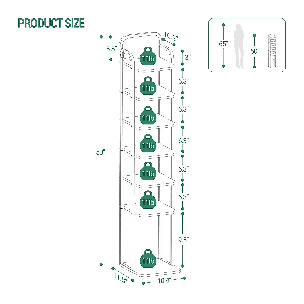 Hzuaneri Vertical Shoe Rack, Shoe Shelves, Wood Shoe Organizer for Closet, Entryway, Shoe Tower for Small Spaces, Free Standing, Adjustable, with 2 Hooks, 7 Tier Greige SR20205B