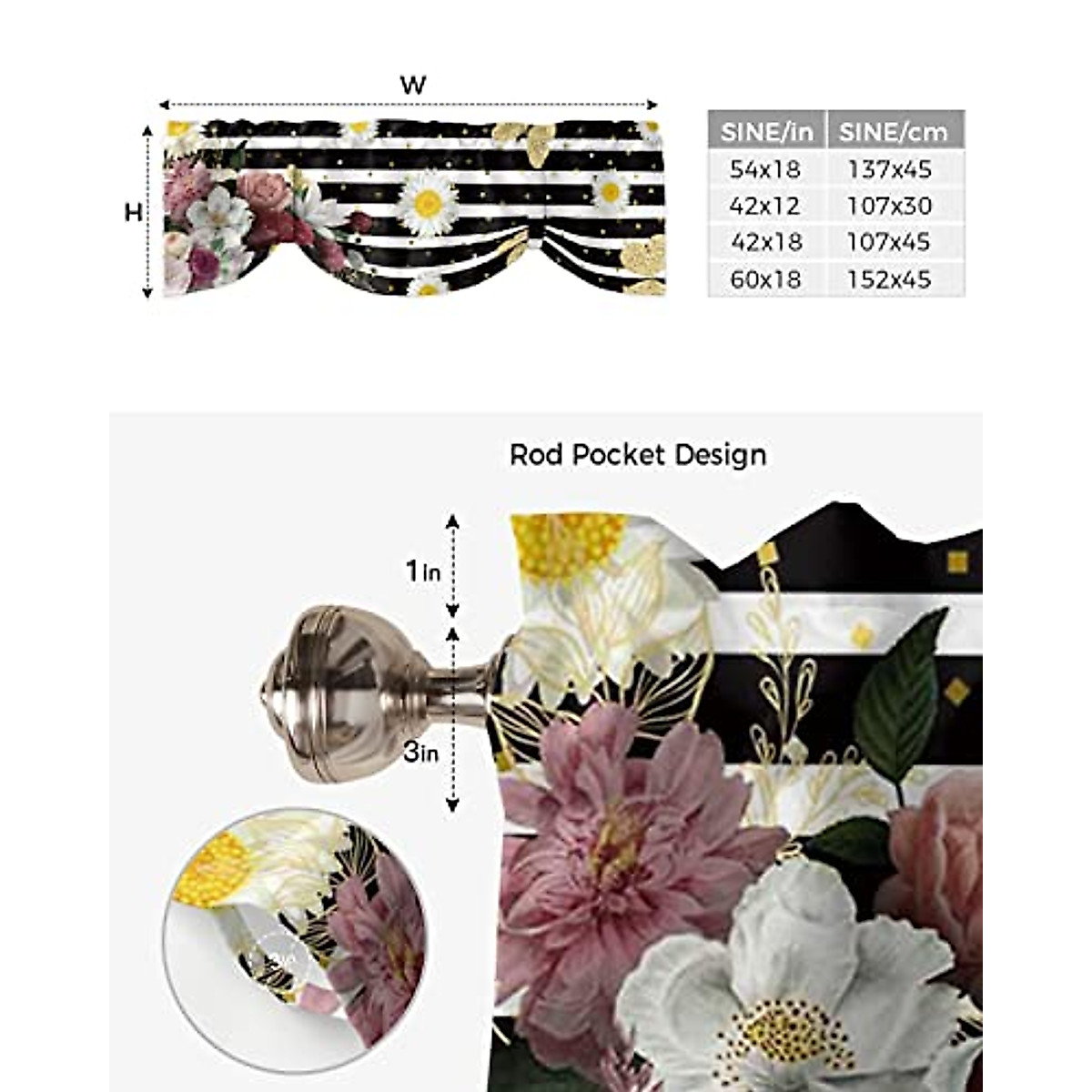 Tie Up Valance Curtains Blooming Flowers Gold Butterfly Gardon Kitchen Cafe Valances for Windows,Rod Pocket Adjustable Balloon Window Shades for Living Room Bathroom Black White Stripe,1 Panel