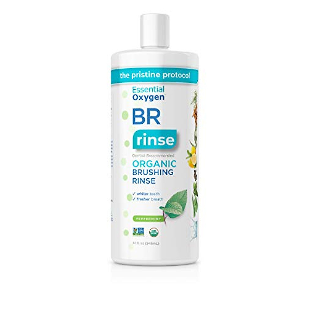 Essential Oxygen Certified BR Organic Brushing Rinse, All Natural Mouthwash for Whiter Teeth, Fresher Breath, and Happier Gums, Alcohol-Free Oral Care, Peppermint, 32 Ounce