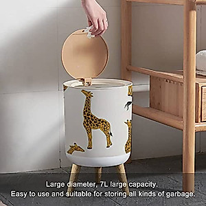 Trash Can with Lid Seamless Giraffe African Animal Nursery Print Wrapping Paper Press Cover Small Garbage Bin Round with Wooden Legs Waste Basket for Bathroom Kitchen Bedroom 7L/1.8 Gallon