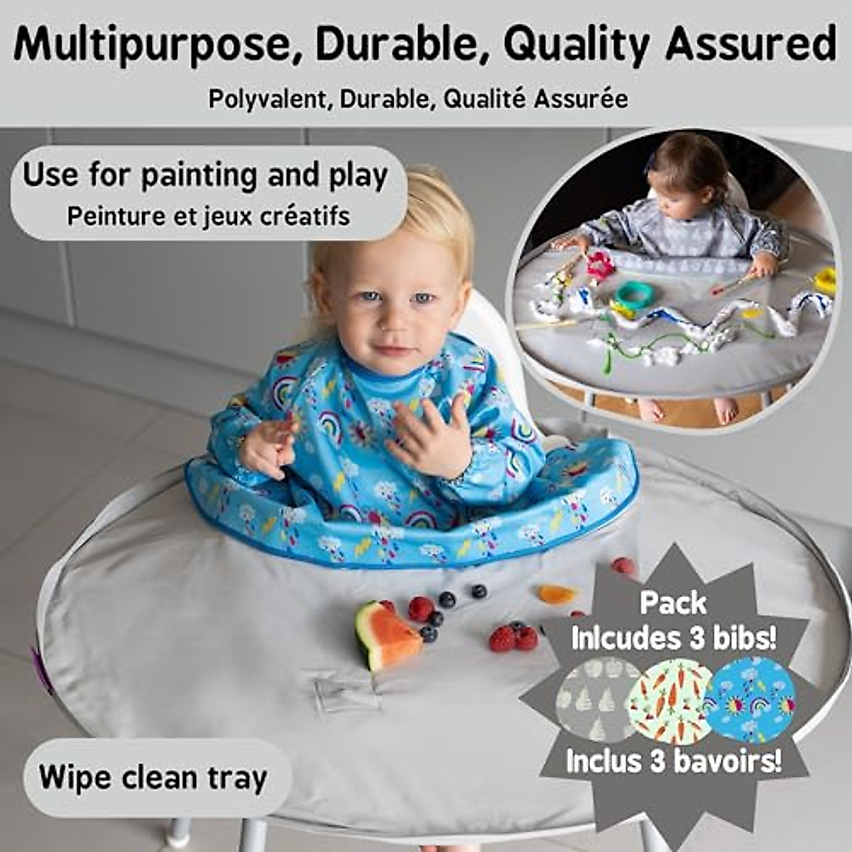 Tidy Tot- Bib & Tray Kit Baby Feeding Set - 3 Mess Proof Long Sleeve Smocks Attaches to Feeding Mat - Waterproof Bibs – Machine Washable. Fits Babies and Toddlers 6-24 months.