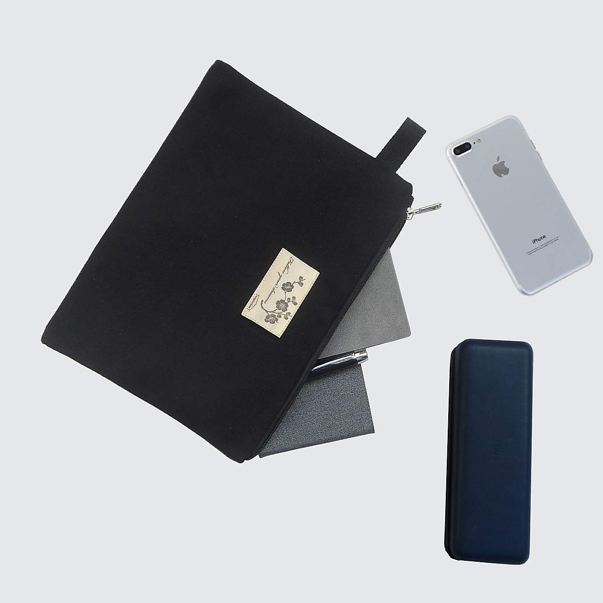 Enyuwlcm 100% Cotton Canvas Makeup Pouch with Zipper Simple Large Pencil Bag for Stationery Daily Necessities Black