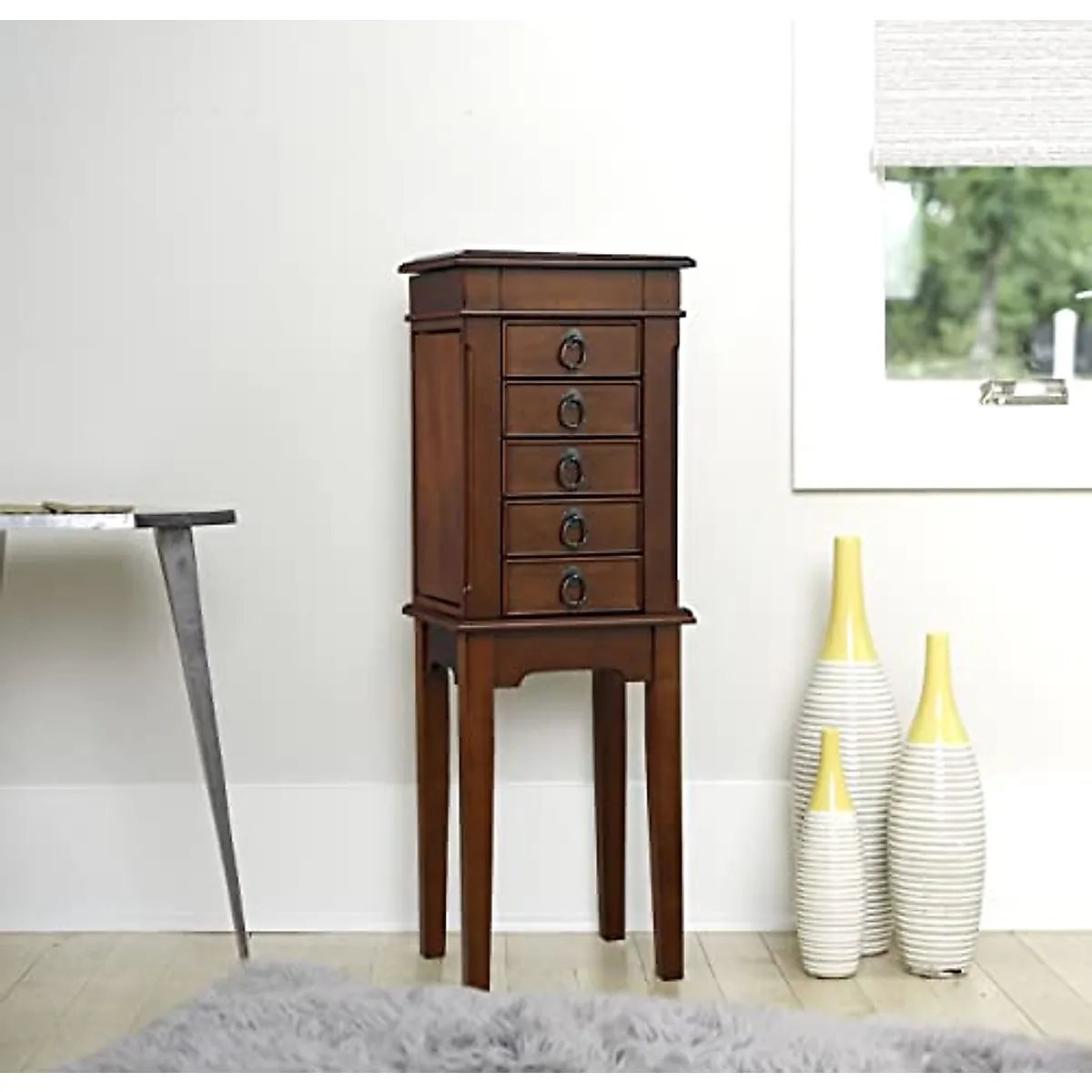 Hives and Honey Meg Jewelry Armoire - Modern Wood Storage Organizer with Necklace Hooks, 5 Drawers, and Vanity Mirror, Walnut