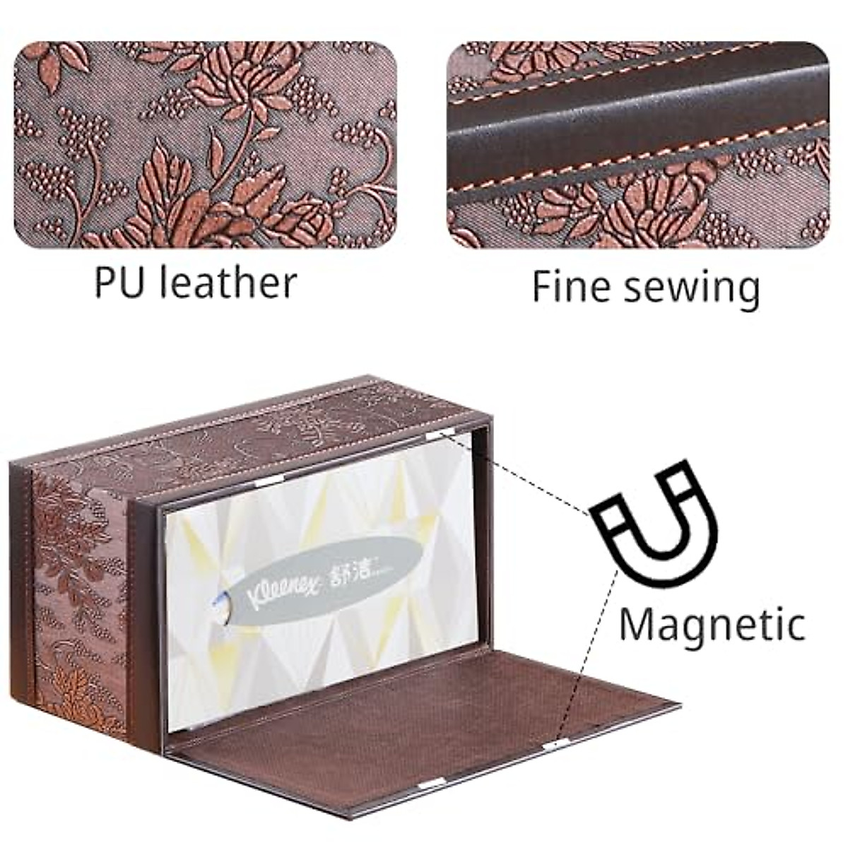 Leather Tissue Box Cover Retro Rectangular Facial Tissue Box Holder, Modern Napkin Storage Caddy with Magnetic Bottom, Pumping Paper Dispenser Case for House Bathroom Office Car Living Room