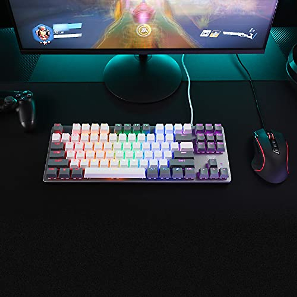 AULA F3287 Wired TKL Rainbow Mechanical Gaming Keyboard, 80% Compact Tenkeyless 87 Keys Layout w/Tactile Red Switches, White & Grey Mixed-Color Keycaps, Programmable Macro Keys
