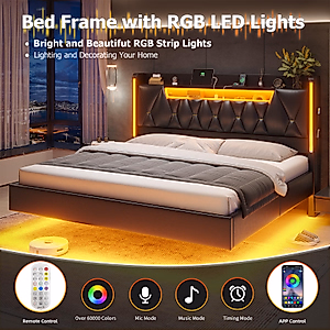 BYSAUD Floating Bed Frame with RGB Light，Hidden Storage Space in The headboard,Floating Bed with Charging Station Including 2 Standard sockets, PU Leather (King)