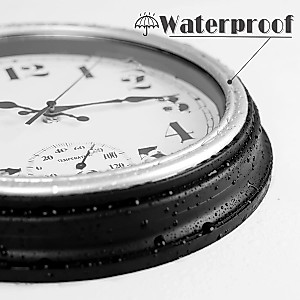 JENLYSTIME 12 Inch Indoor/Outdoor Retro Waterproof Wall Clock with Thermometer Silent Round Quartz Battery Operated Easy to Read Decorative for Kitchen Patio,Bathroom,Deck,Porch,Pool(Silver)
