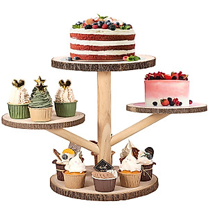 Ayfjovs 4 Tier Round Wooden Cupcake Stand, Wood Cupcake Holder, Cake Tiered Tray, Dessert Stands for Wedding Tea Party Birthday Holiday Baby Shower Dessert Display