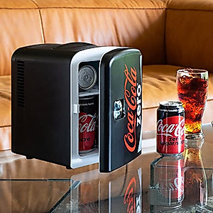 Coca cola Coke Zero 4L Cooler/Warmer w/ 12V DC and 110V AC Cords, 6 Can Portable Mini Fridge, Personal Travel Refrigerator for Snacks Lunch Drinks Cosmetics, Desk Home Office Dorm, Black