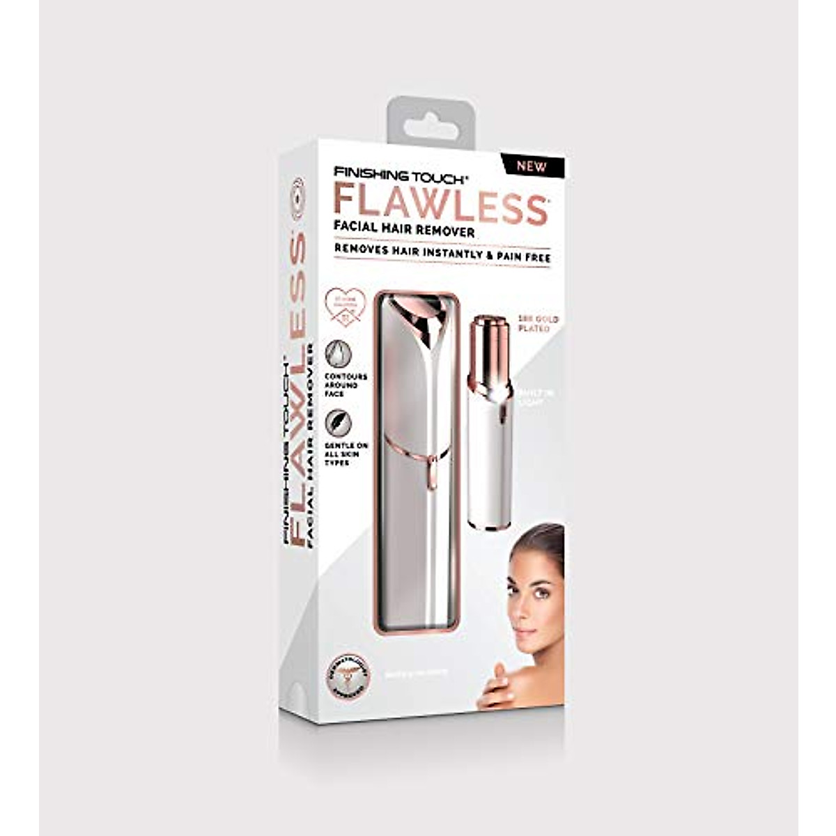 Finishing Touch Flawless Facial Hair Remover for Women, White/Rose Gold Electric Face Razor for Women with LED Light for Instant and Painless Hair Removal