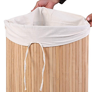 GOFLAME Corner Bamboo Laundry Hamper with Lid and Removable Liner, Washing Clothes Basket Storage Bin with Handle, Suitable for Bedroom, Bathroom, Laundry (Natural)