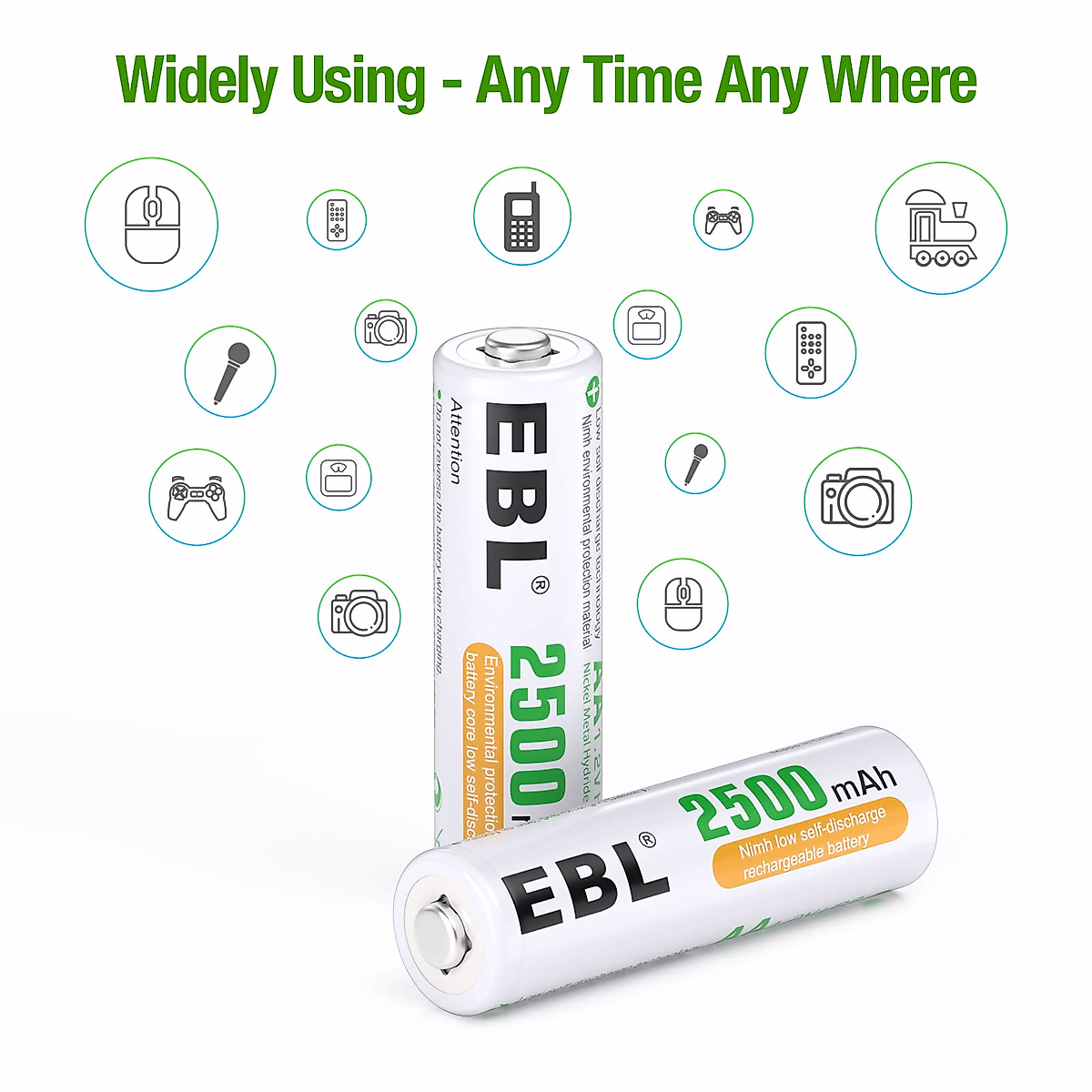 EBL AA Rechargeable Batteries 1.2V 2500mAh High Performance Pre-Charged AA Batteries - 8 Pack