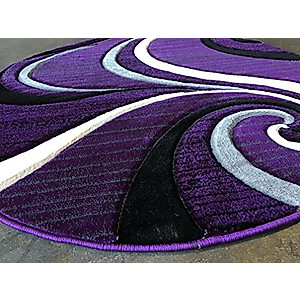 Contempo Modern Round Area Rug Swirl Purple Grey & Black Design 344 (7 feet 3 inches X7 feet 3 inches Round)