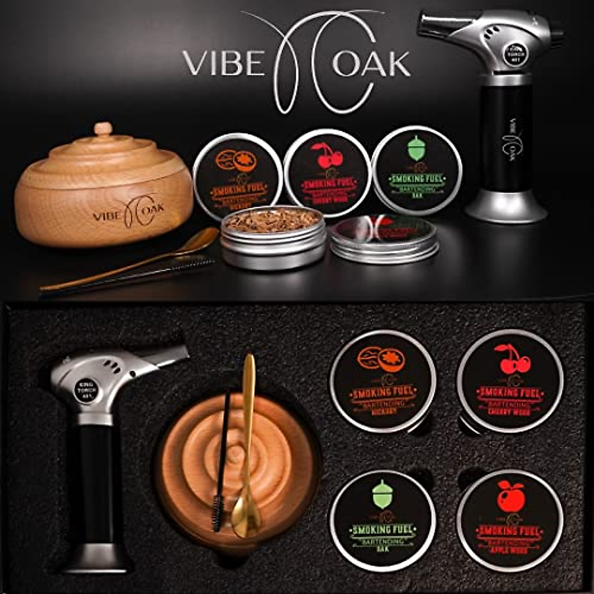 VibeOak Cocktail Smoker Kit with Torch 4 Flavors Wood Chips Bourbon - Cocktail Smoker Drink Whiskey Gift for a Friend - Easy to Use Drink Smoker Old Fashioned Cocktail Kit (Without Butane) (Black)