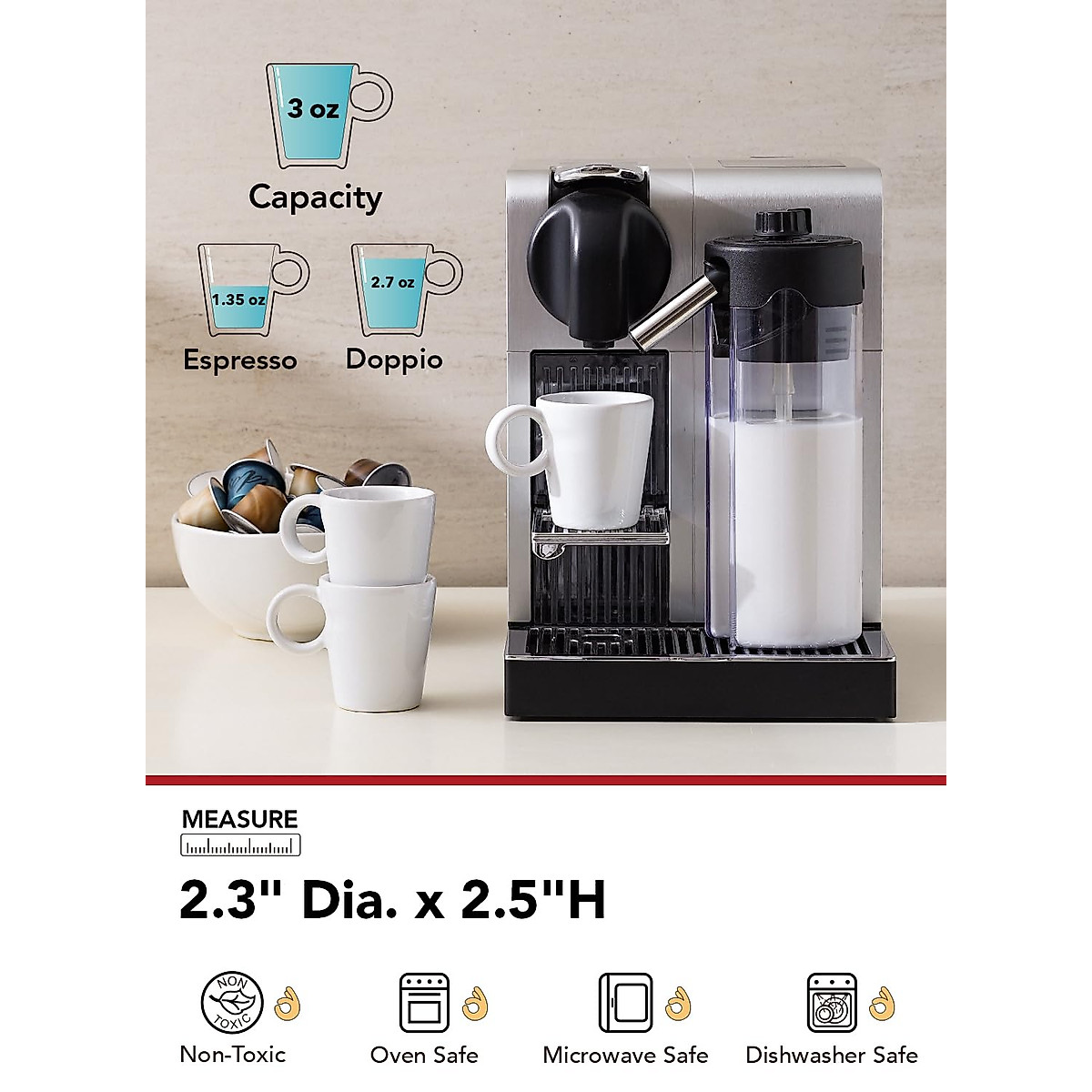 LE TAUCI 3 oz Espresso Cups, Ceramic Demitasse Cup, Mini Espresso Mugs for Home or Office, Stackable Expresso Shots Cup Perfect for Espresso Machine, Set of 4, White