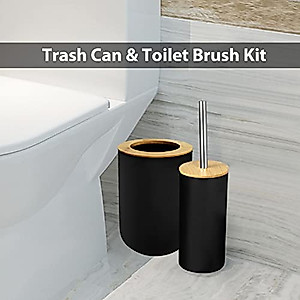 Ikaufen 6PCS Bathroom Accessories Set, Bathroom Decor, Plastic & Bamboo Bath Ensemble Kit with Lotion Dispenser, Toothbrush Holder, Toothbrush Cup, Soap Dish, Toilet Brush & Holder, Trash Can, Black