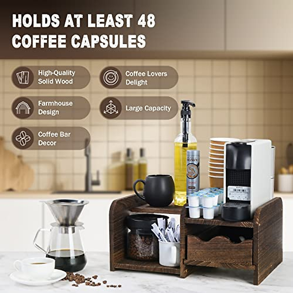 Soulhand Coffee Station Organizer with Drawer, Wooden Coffee Bar Accessories Organizer for Countertop, 48 Large Coffee Pods Storage Organizer, K-Cup Organizer for Home Office (Brown)