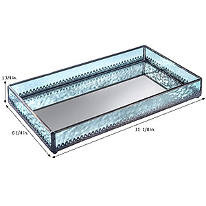 Turquoise Blue Glass Tray Mirrored Bottom Decorative Bathroom Vanity Cosmetic Makeup Organizer Jewelry Display Perfume Holder Dresser Home Décor Candle Tray Gift for Woman J Devlin Tra 126