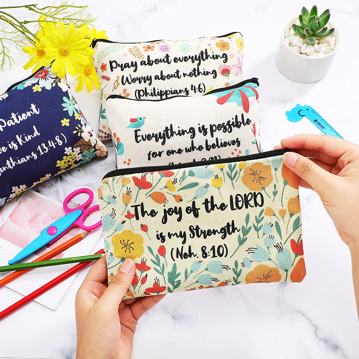 4 Pieces Inspirational Bible Verse Pencil Pouch Christian Pencil Case Scripture Canvas Makeup Bags for Students Office Journaling Supplies (Bible Verse Pattern,8.7 x 5.5 Inch)