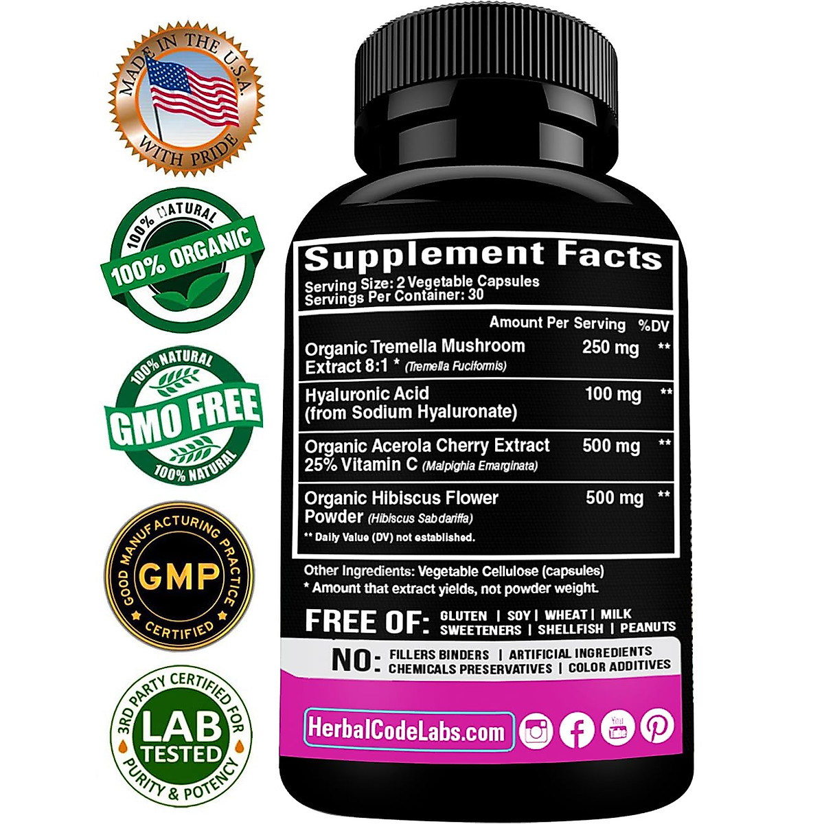 Natural Hyaluronic Acid Supplement 5X Stronger Hydration Pills from Pure Tremella Mushroom with Vitamin C & Hibiscus - Skin Supplement Anti Wrinkle Dietary Capsules - Hair Nails Vitamins