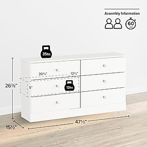 Prepac Astrid 6 Drawer Double Dresser for Bedroom with Crystal Knobs, Wide Chest of Drawers, Bedroom Furniture, Clothes Storage and Organizer, 15.5" D x 47.5" W x 26.85" H, White