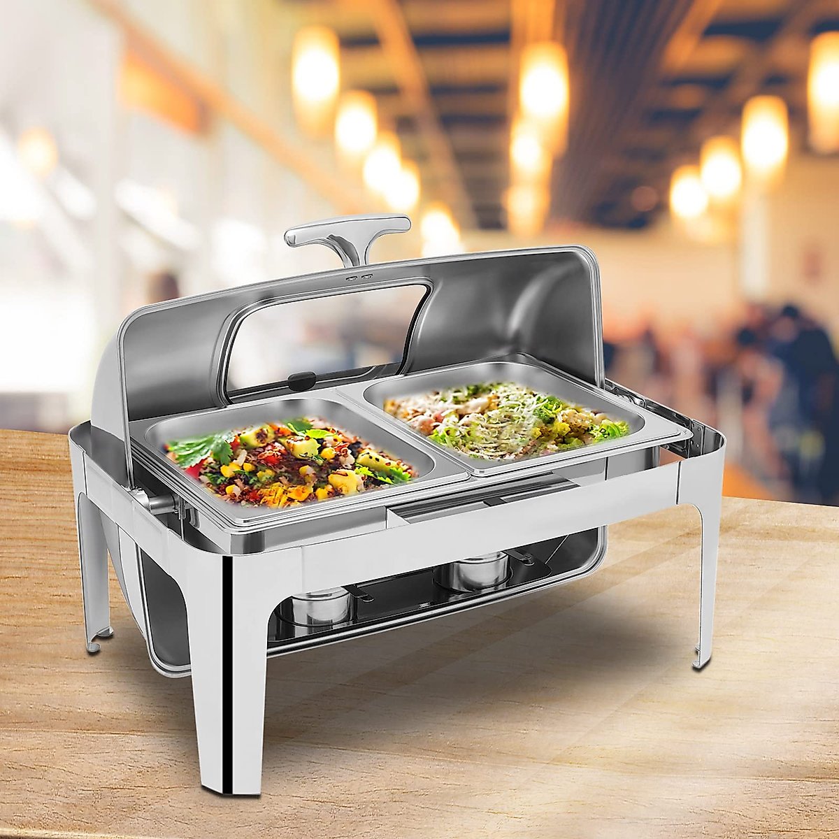 14.26Qt Chafing Dish Buffet Set, Stainless Steel Chafing Server Set with Clear Lid&2 Trays&Handle&Thickened Support Feet, for Food Warmer Parties Buffets