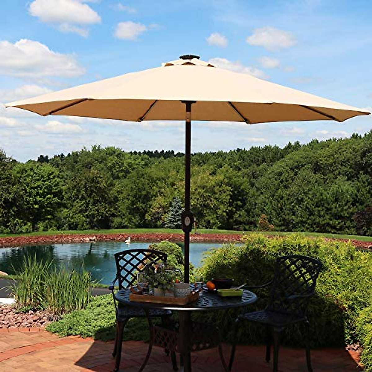 Sunnydaze 9-Foot Sunbrella Tilting Patio Umbrella with Solar LED Light Bars - Beige