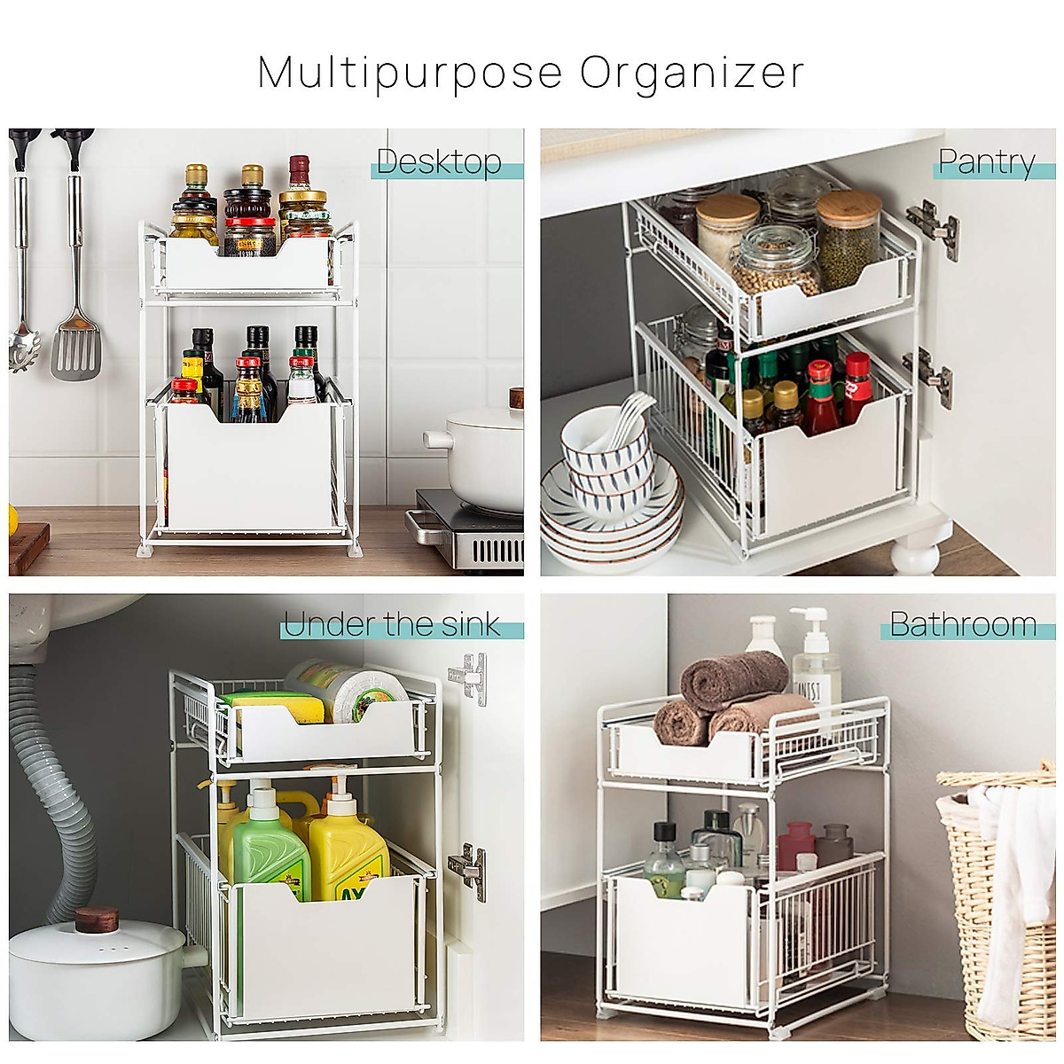 MAXCOOK 2 Tier Sliding Cabinet Basket Organizer Multifunctional Storage Organizer Holder, Under Sink Pull Out Organizer for Cabinet –Sliding Drawer Shelf, Size 8.7W x 14.6D x 18.5H(Inch)