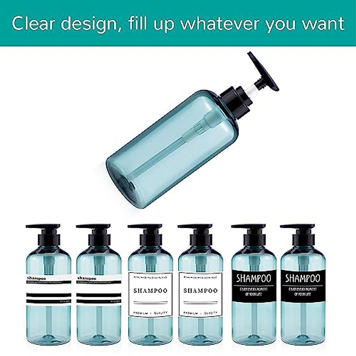 Kimqi Pump Bottles for Shampoo and Conditioner, Soap, and Lotion (2PCS 16 OZ and 2PCS 10 OZ, Blue)