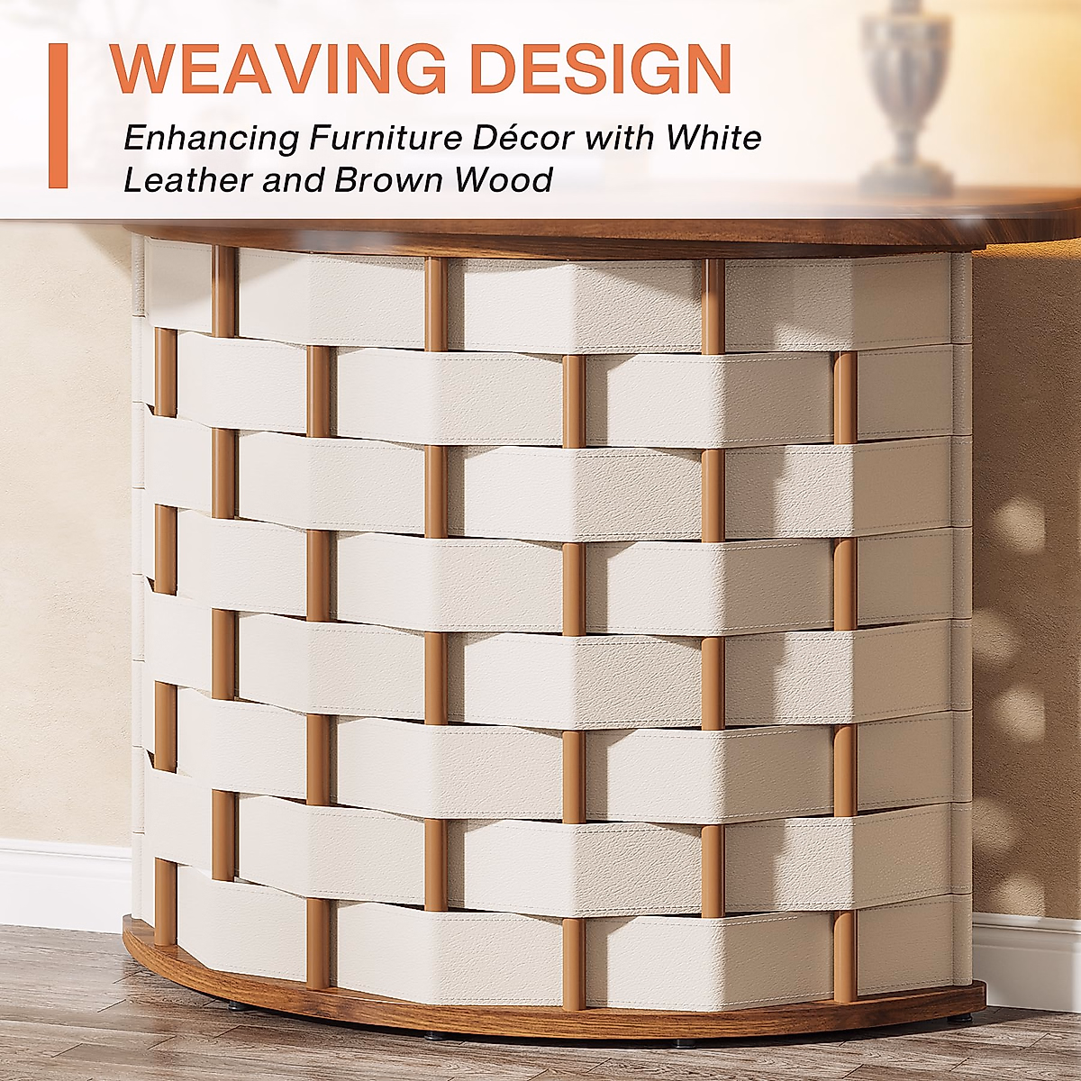 Tribesigns Half Moon Console Table for Entryway, 47-Inch Vintage Semi Circle Sofa Table with Woven Leather Base, Modern Accent Table for Living Room, Hallway, Foyer, Entrance