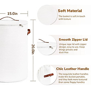 CHICVITA Tall Laundry Basket with Lid, White Clothes Laundry Hamper for Nursery, Cotton Rope Storage Basket for Clothes, Blankets, Toys, Laundry Bin, 15 x 20 inches