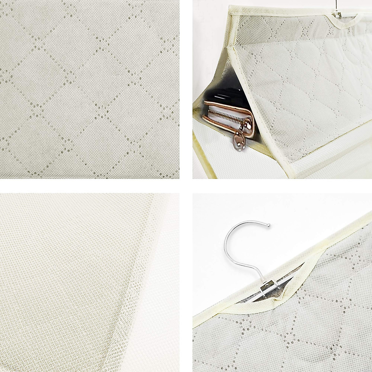 souG 2 Pack Hanging Handbag Purse Organizer for Closet, Purse Bag Storage Holder for Wardrobe Close with 1pcs 4 Shelves Space and 1pcs 3 Shelves Space Saving Purse Organizers System (Beige)