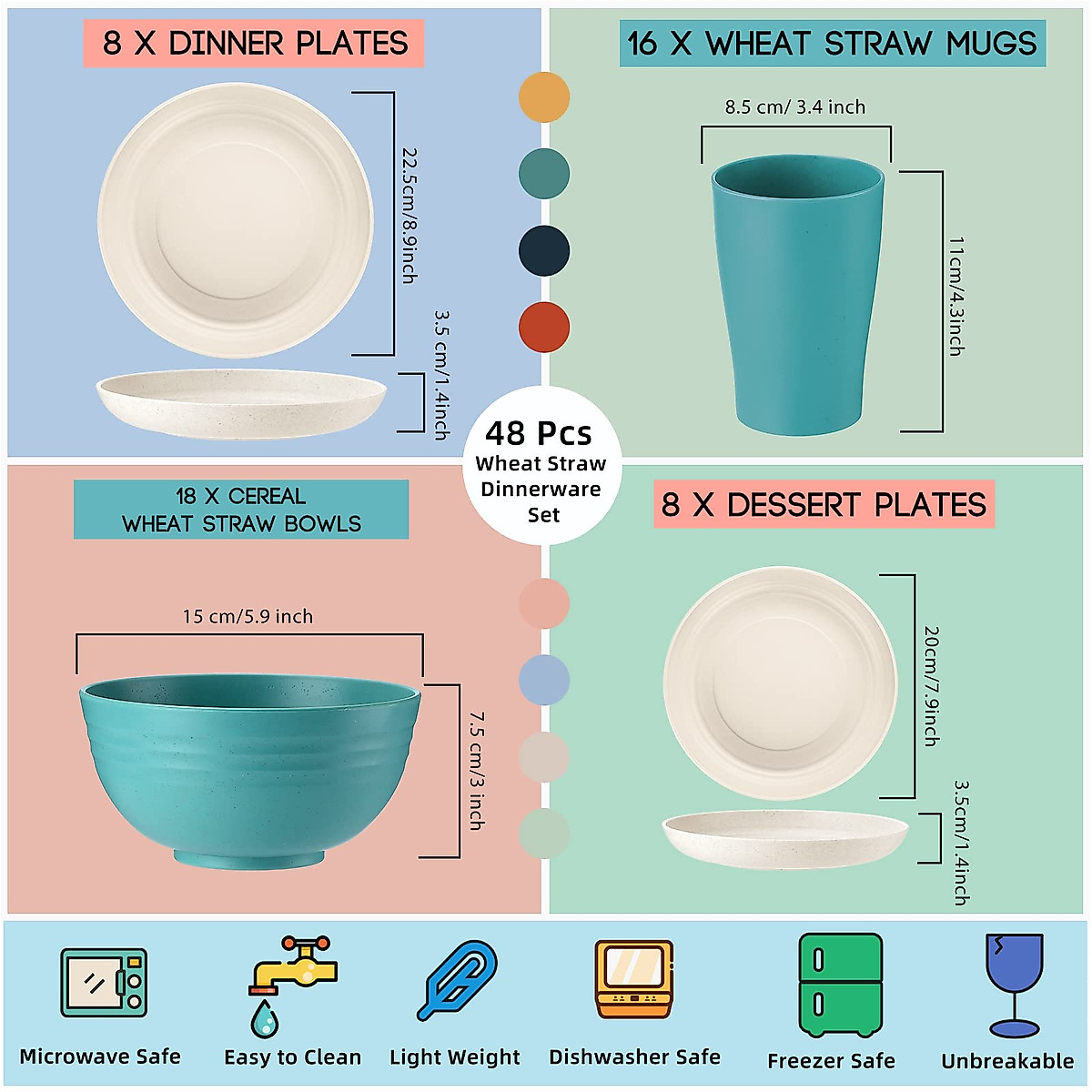 Aoriher 48 Pack Wheat Straw Dinnerware Sets Dishwasher Microwave Safe Dishes Set for 8 Unbreakable Lightweight Plastic Cup Plates and Bowls Sets Reusable Tableware Set for Kitchen Room Camping