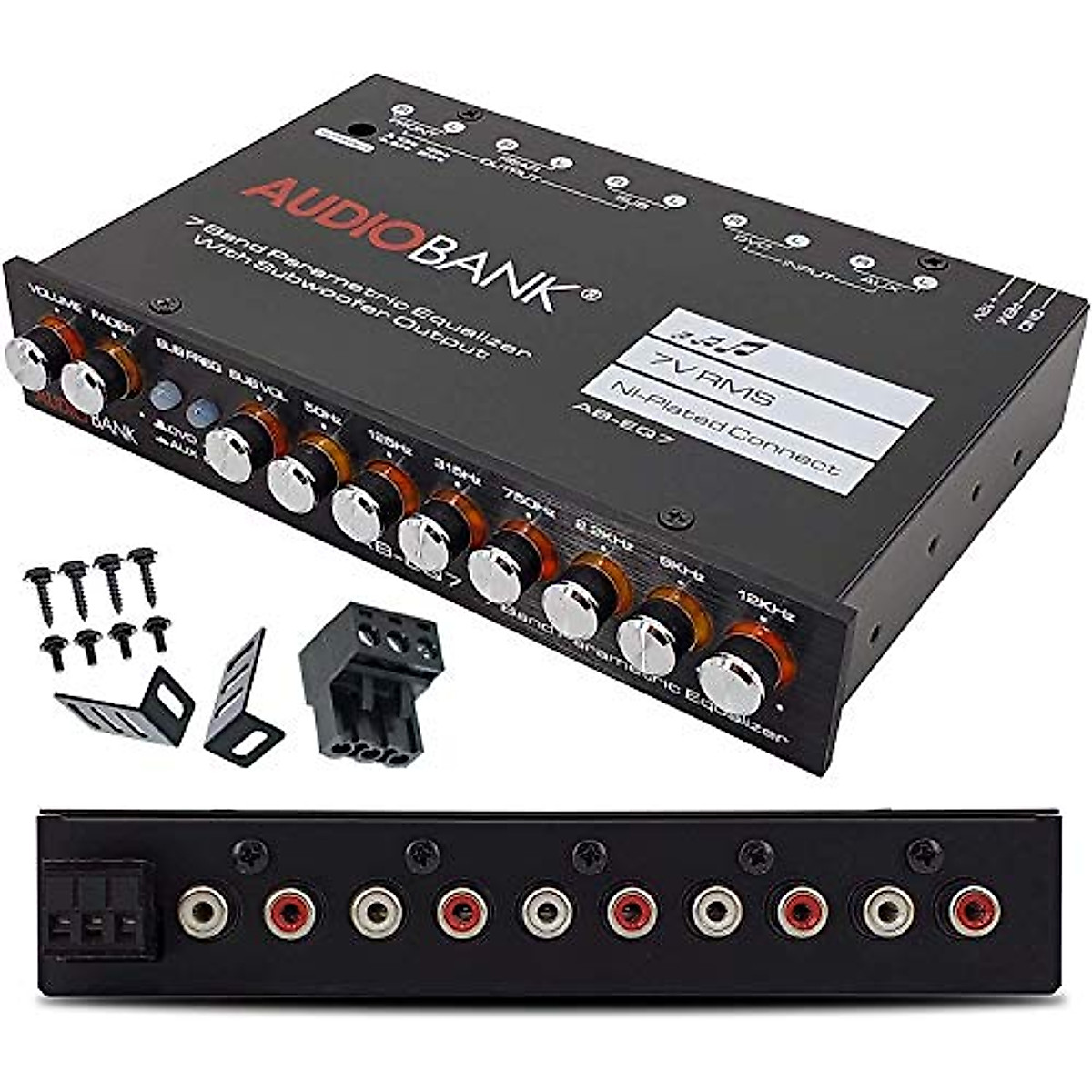 Audiobank EQ7 1/2 Din 7 Band Car Audio Equalizer EQ with Front, Rear/Frequency Adjustable /3 Stereo RCA Input for Portable Devices & Subwoofer Output -2nd Gen