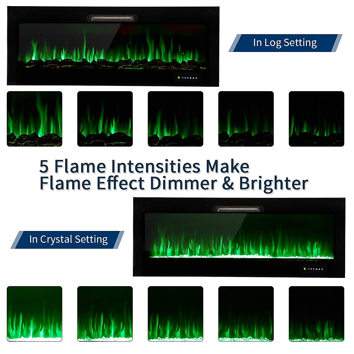 Homedex 50" Recessed Mounted Electric Fireplace Insert with Touch Screen Control Panel, Remote Control, 750/1500W, Log/Crystal Options