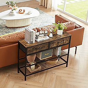 Lifewit 39.4” Console Entryway Table with 2 Fabric Drawers,3-Tier Industrial Sofa Table with Storage Shelves for Hallway, Living Room,Bedroom,Wood Top, Metal Frame, Rustic Brown, Easy Assembly