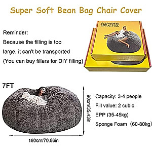 7ft Giant Bean Bag Cover, Big Bean Bag Chairs for Adults (No Filler, Cover only) Comfy Large Bed Fluffy Lazy Sofa (Light Grey)