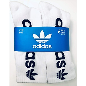 Adidas Men's Athletic Sport Moisture Wicking Cushioned Crew Socks 6-Pack/ 6-Pair (Shoe Size 6-12) (White/Black)