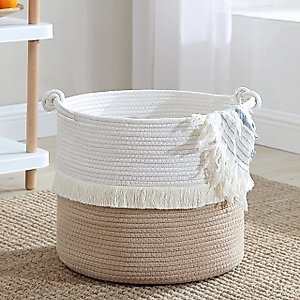 Organizix Round Woven Boho Cotton Rope Storage Tassels Basket, Laundry Basket Hamper, Decorative Fringe with Knot Handles, Toys and Blanket Basket for Nursery, White/Brown, 13 x 16