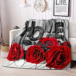 LUVIVIHOME Red Rose Blanket, Rustic Farmhouse Romantic Flower Floral Throw Blanket, Grey Blanket, Cozy Soft Fuzzy Warm Flannel Fleece Blanket for Couch, Sofa, Valentine's Day Gifts for Women, 30"x40"