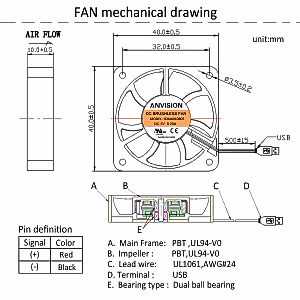 ANVISION 40mm x 10mm DC 5V USB Brushless Cooling Fan, Dual Ball Bearing, YDM4010B05