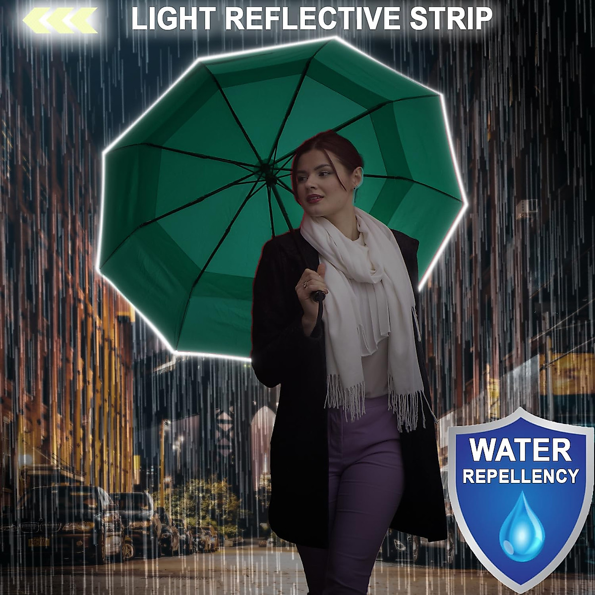 Royal Walk Windproof Folding Travel Umbrella Compact and Strong Luxurious Real Wood Handle Automatic Open Close Vented Double Canopy for Men and Women