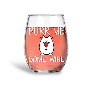 Purr Me Some Wine 15oz Stemless Crystal Wine Glass - Best Cat Mom Sarcastic Ideas - Funny Animal Wine Lover Accessories - CBT Wine Glasses