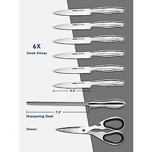 Aiheal 17PCS Stainless Steel Knife Set with Clear Knife Block, No Rust and Super Sharp Kitchen Knife Set in One Piece Design with Knife Sharpener for Kitchen, Steak Knives Set