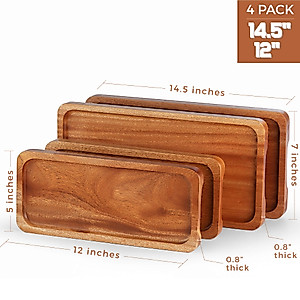 Serving Tray and Platter (Set of 4)(14.5’’x7’’X0.8 and 12’’x 5’’x0.8) Solid Natural Wood for Food Holder/BBQ/Party Buffet, Avoid Sliding Spilling Food with Easy Carry Grooved Handle Design