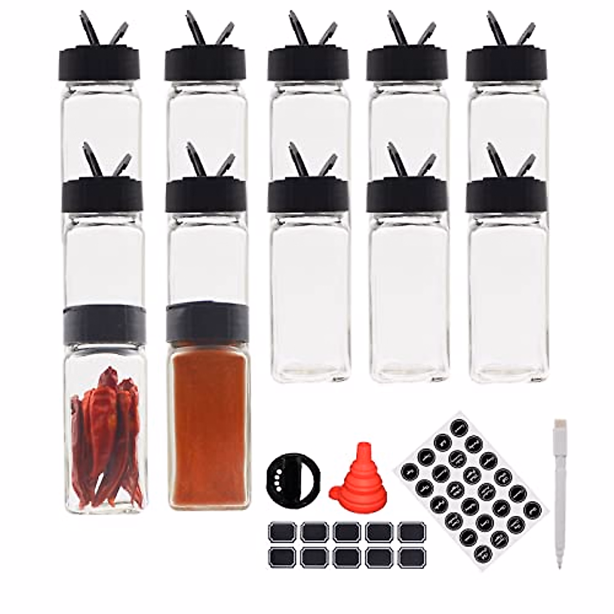 BPFY 12 Pack 4oz Glass Spice Jars With Shaker Lids, Square Spice Bottles, Chalk Labels, Pen, Silicone Collapsible Funnel, Spice Containers For Kitchen Cabinet